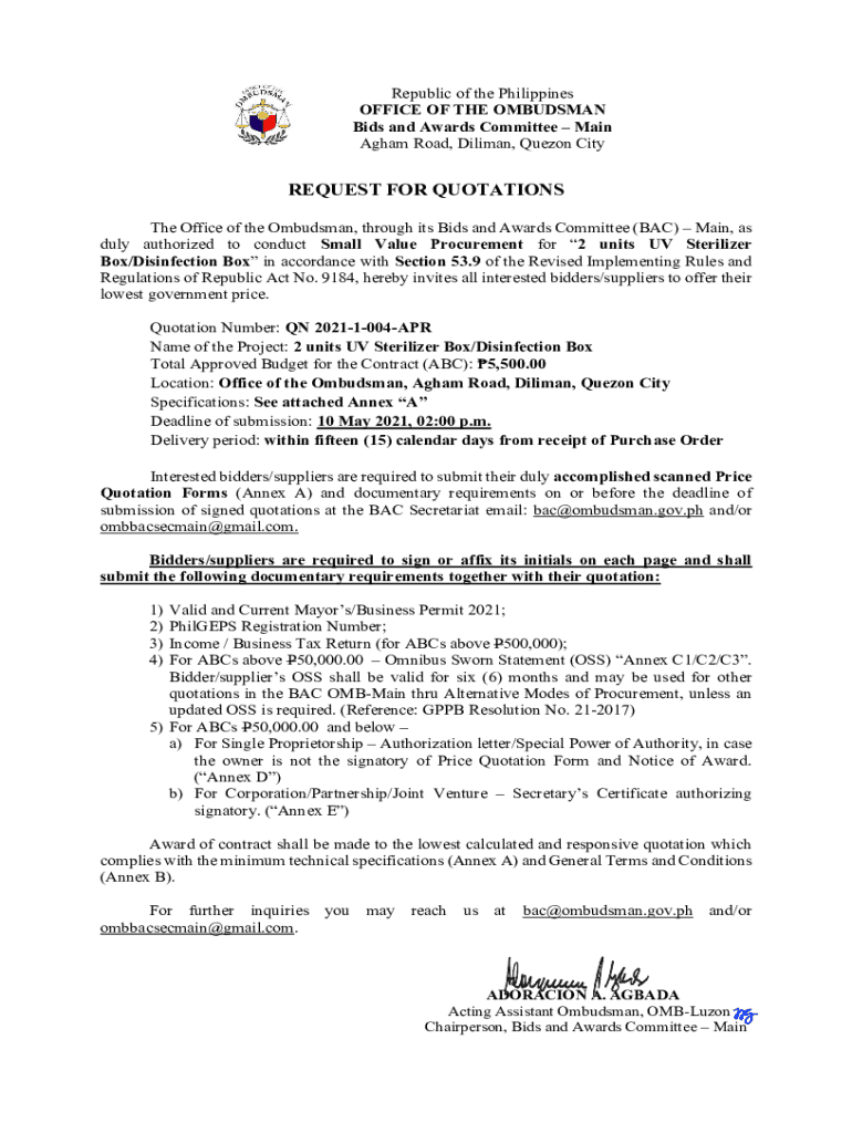 Fillable Online duly authorized to conduct Small Value Procurement for ...