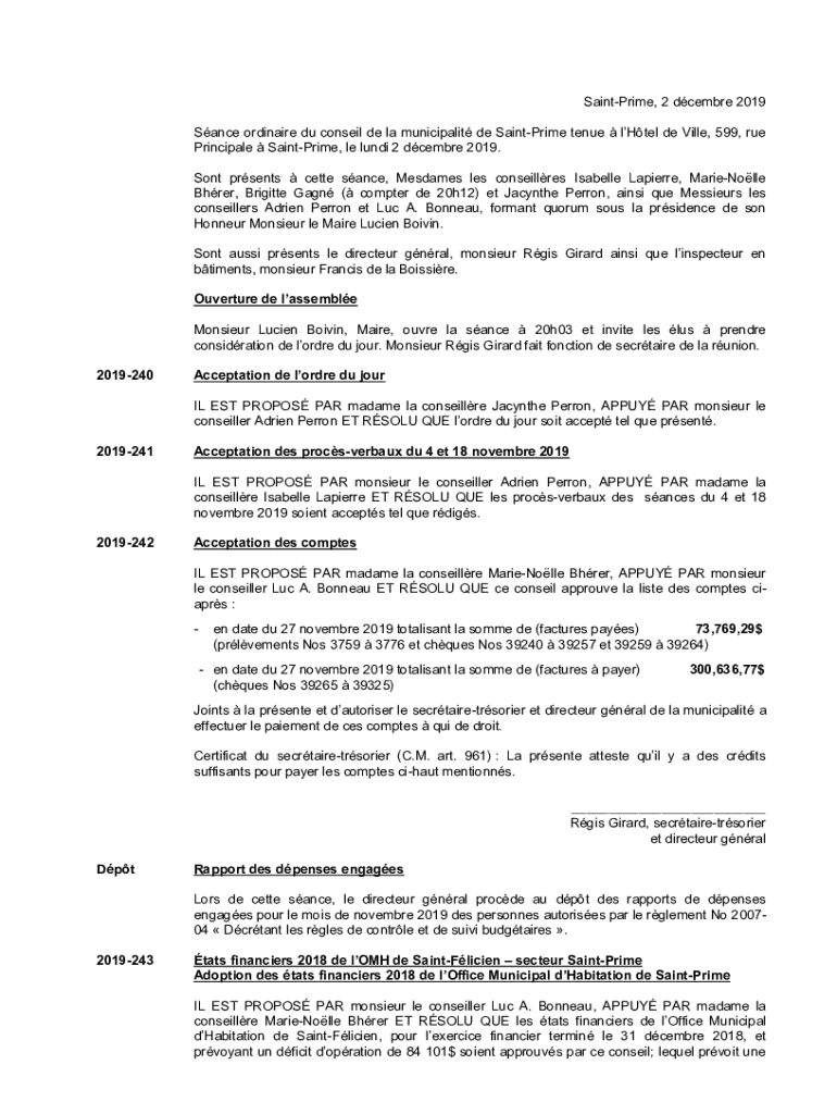 Remplissable En Ligne Procs-verbal du Conseil de la Municipalit de Saint-Prime Fax Email ...