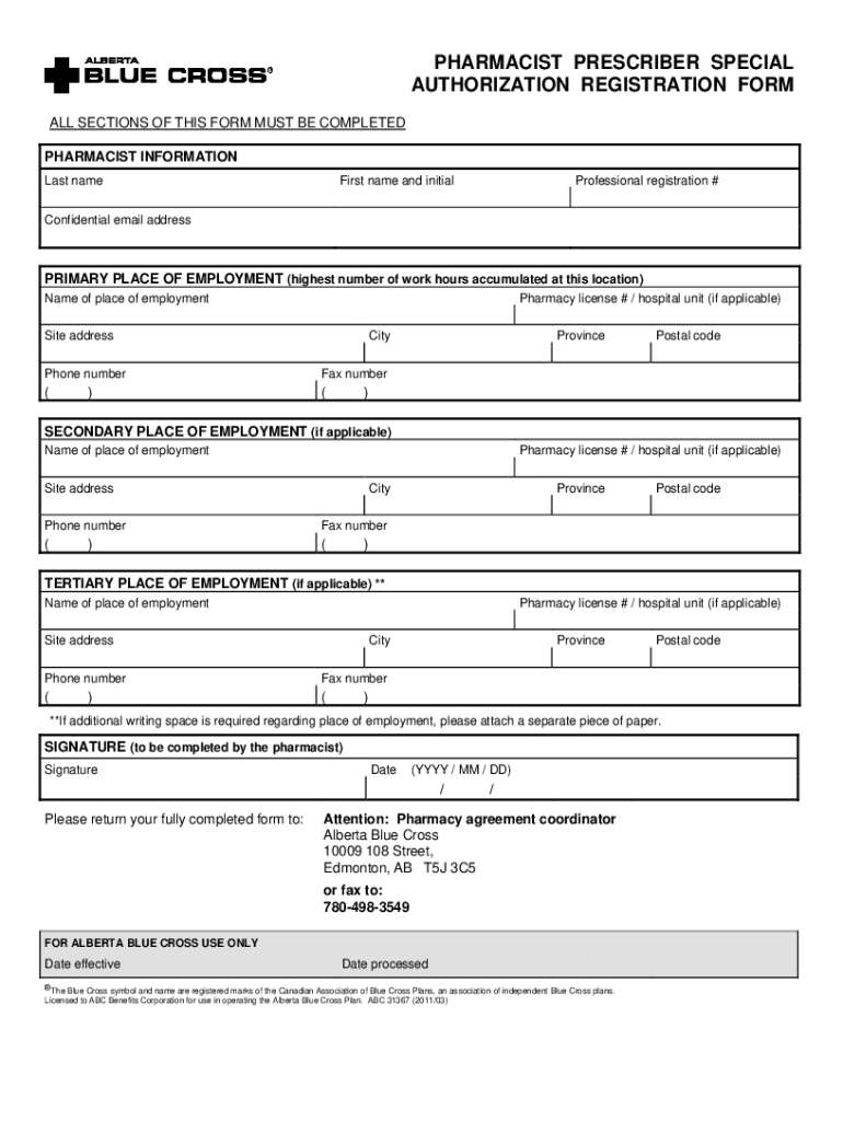 Fillable Online PHARMACIST PRESCRIBER SPECIAL AUTHORIZATION ... Fax ...