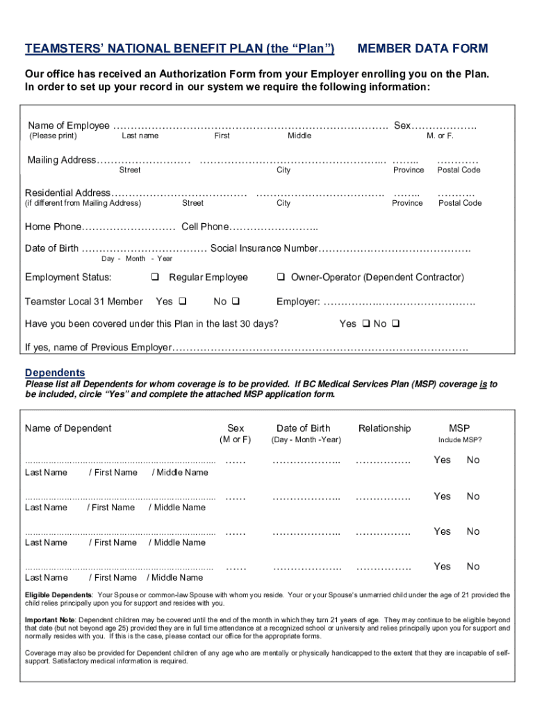 Fillable Online MEMBER DATA FORM with MSP.docx Fax Email Print - pdfFiller