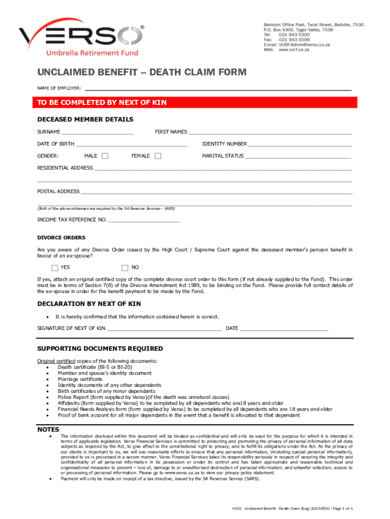 Fillable Online UNCLAIMED BENEFITDEATH CLAIM FORM Fax Email Print ...