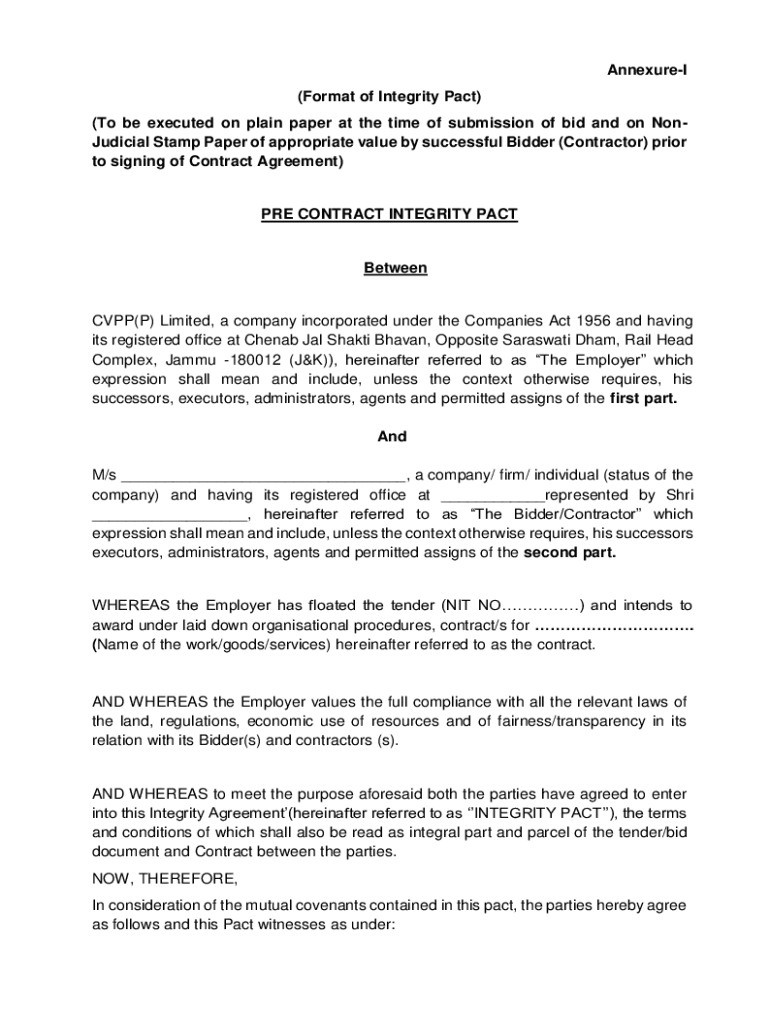 Fillable Online Annexure-I (Format of Integrity Pact) (To be executed ...