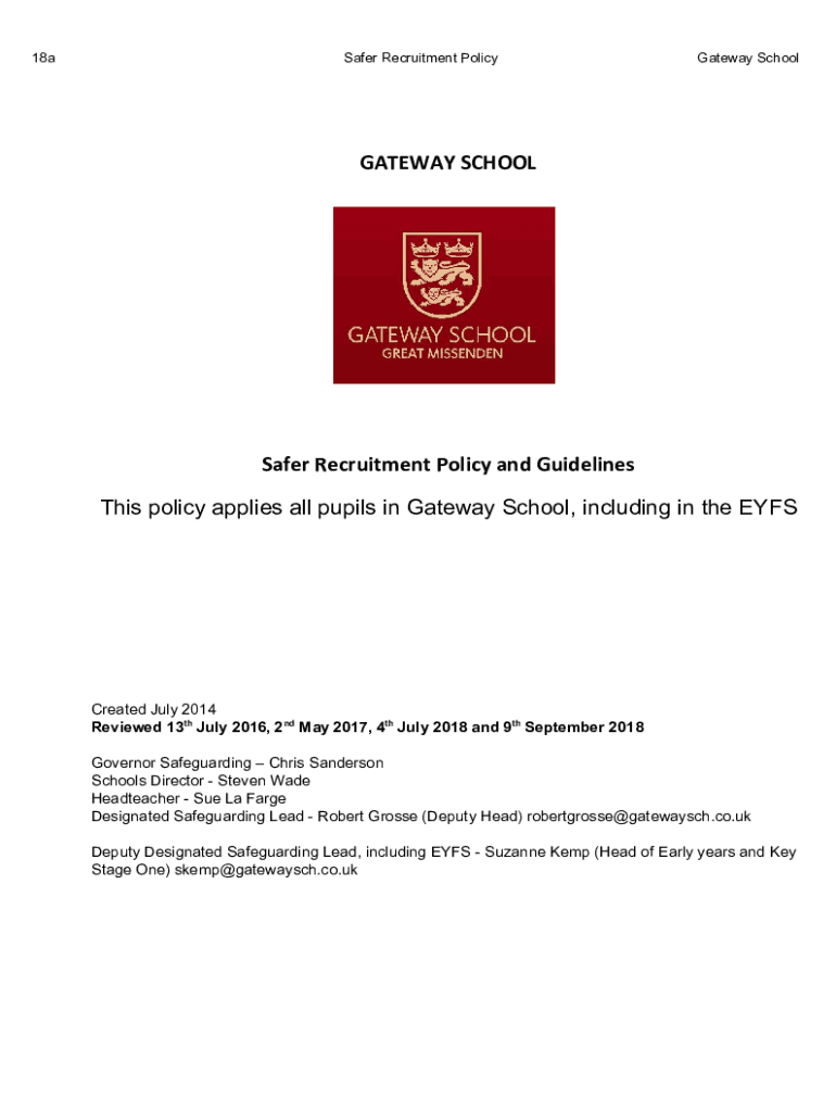 Fillable Online gatewayschool-bucks co GATEWAY SCHOOL Safer Recruitment Policy and Guidelines ...