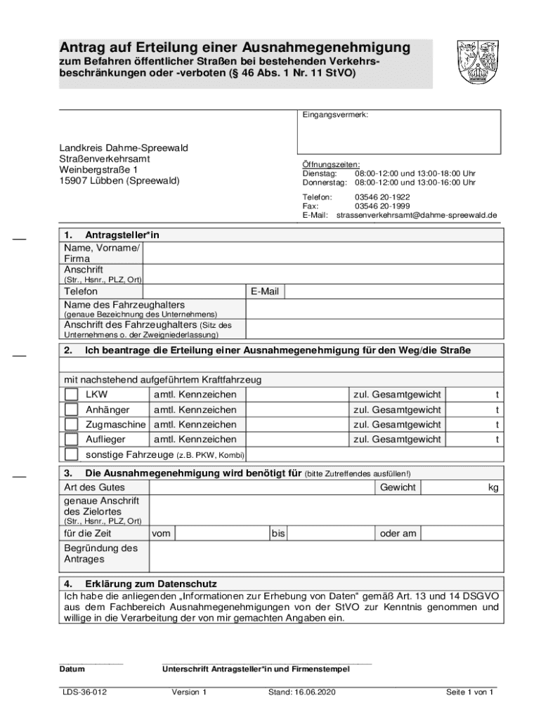 Ausfüllbar Online Antrag auf Erteilung einer Ausnahmegenehmigung zum Befahren ffentlicher Straen ...