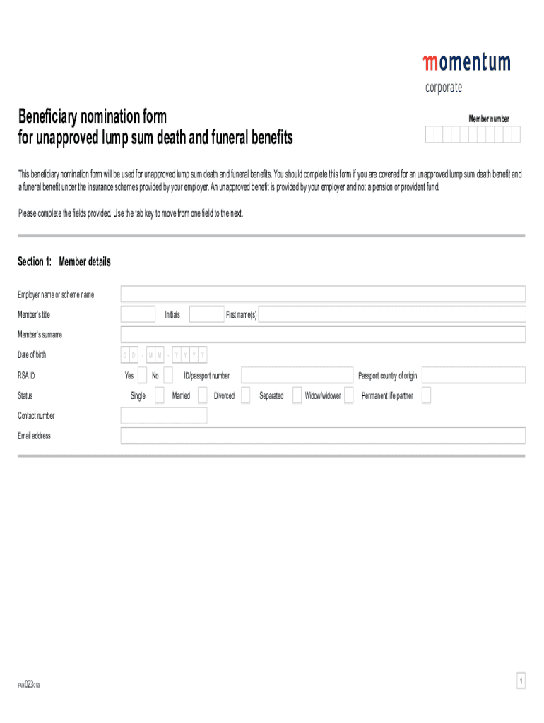 Fillable Online Beneficiary nomination form for unapproved lump sum ...