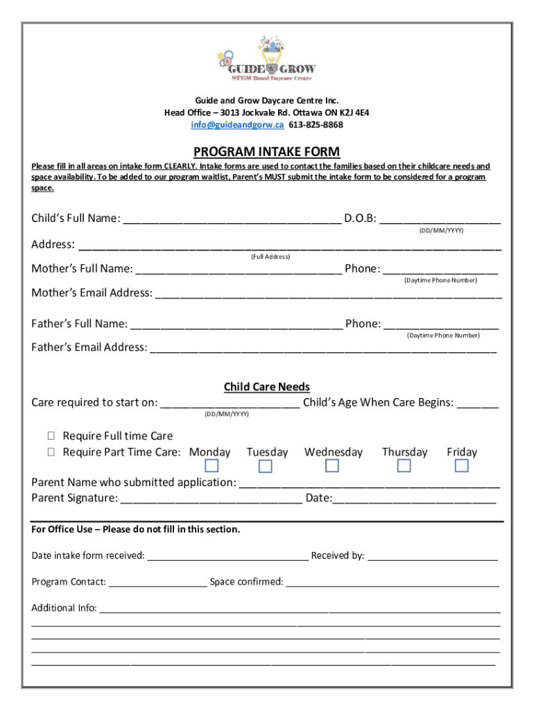 Fillable Online program intake form - Guide and Grow Childcare. Fax ...