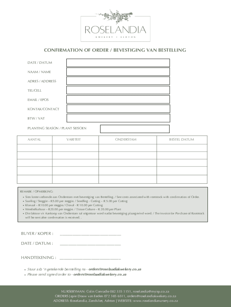 Invulbaar Online Roselandia Order Form Faxnummer Email Afdrukken ...