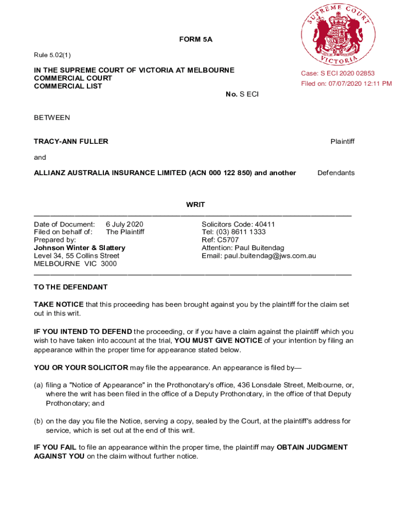 Fillable Online Form 5A - WritThe Supreme Court of Victoria Fax Email ...