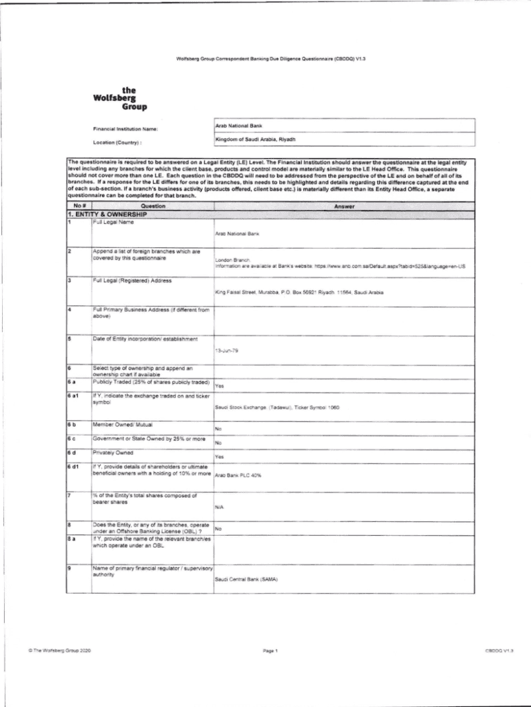Fillable Online Wolfsborg Group Correspondent Banking Due Diligence ...