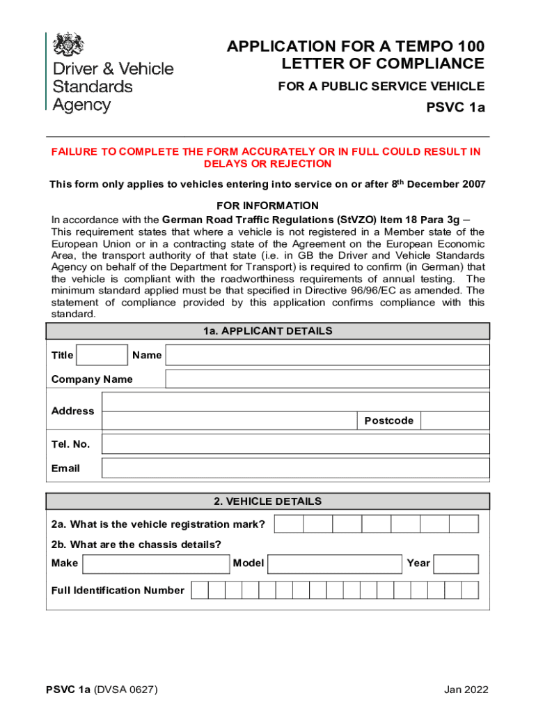 Fillable Online PSVC 1a Application for a Tempo 100 Letter of ...