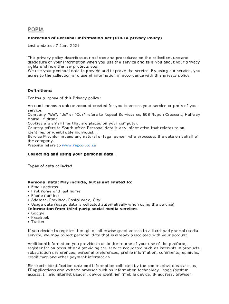 Fillable Online Protection of Personal Information Act (POPIA privacy ...
