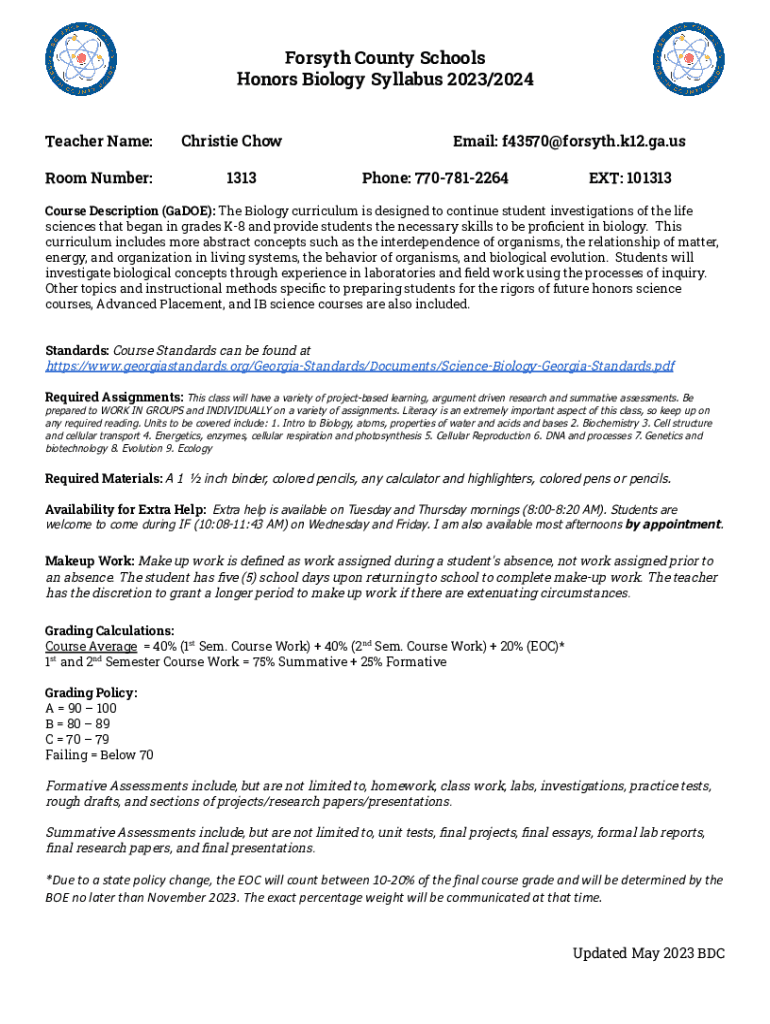 Fillable Online FCS Course Syllabus 23-24Honors Biology-Chow Fax Email ...