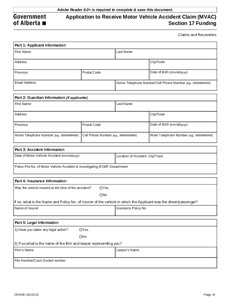 Fillable Online Application to Receive Motor Vehicle Accident Claim ...