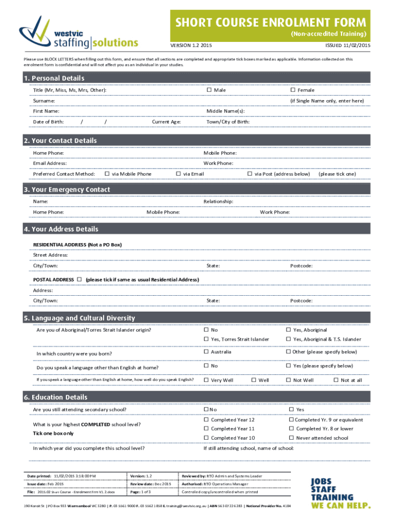 Fillable Online westvic org TSF 408 Short Course Enrolment Form Fax ...