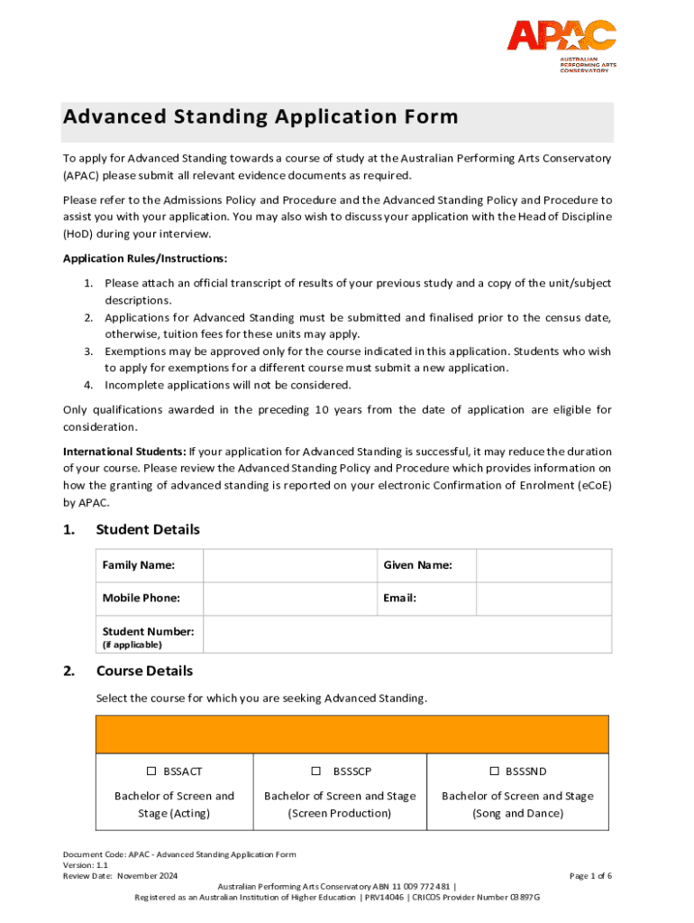 Fillable Online Advanced Standing Application Form APAC Fax Email Print ...