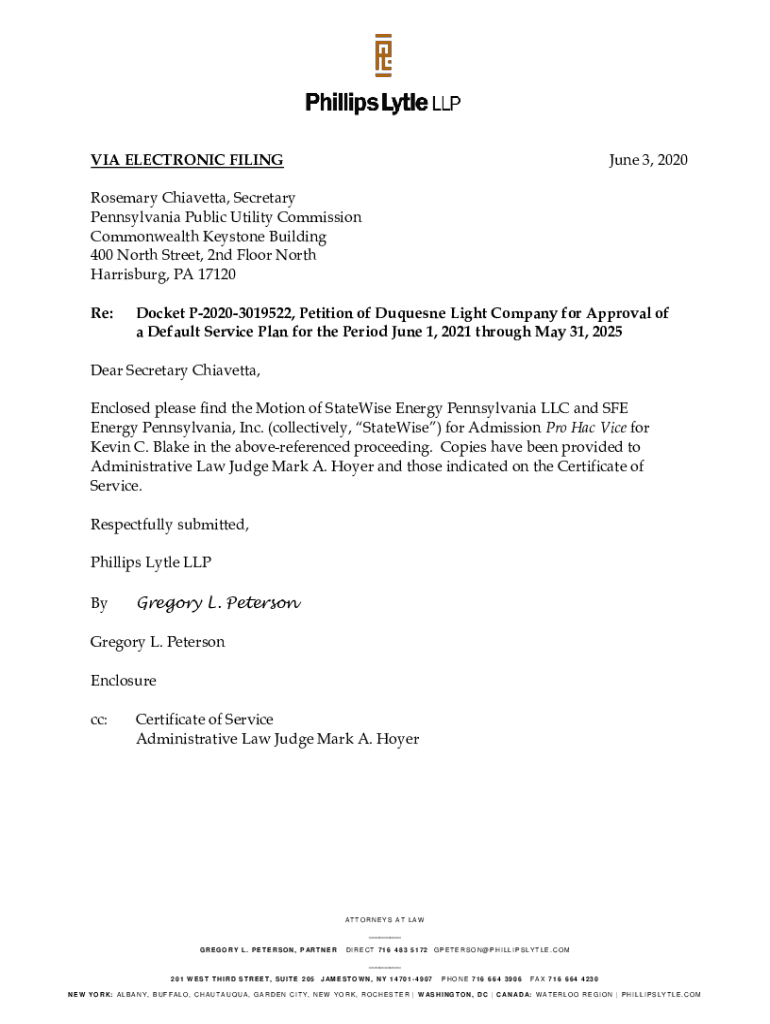 Fillable Online StateWise - Duquesne Motion for Pro Hac Vice - Kevin ...