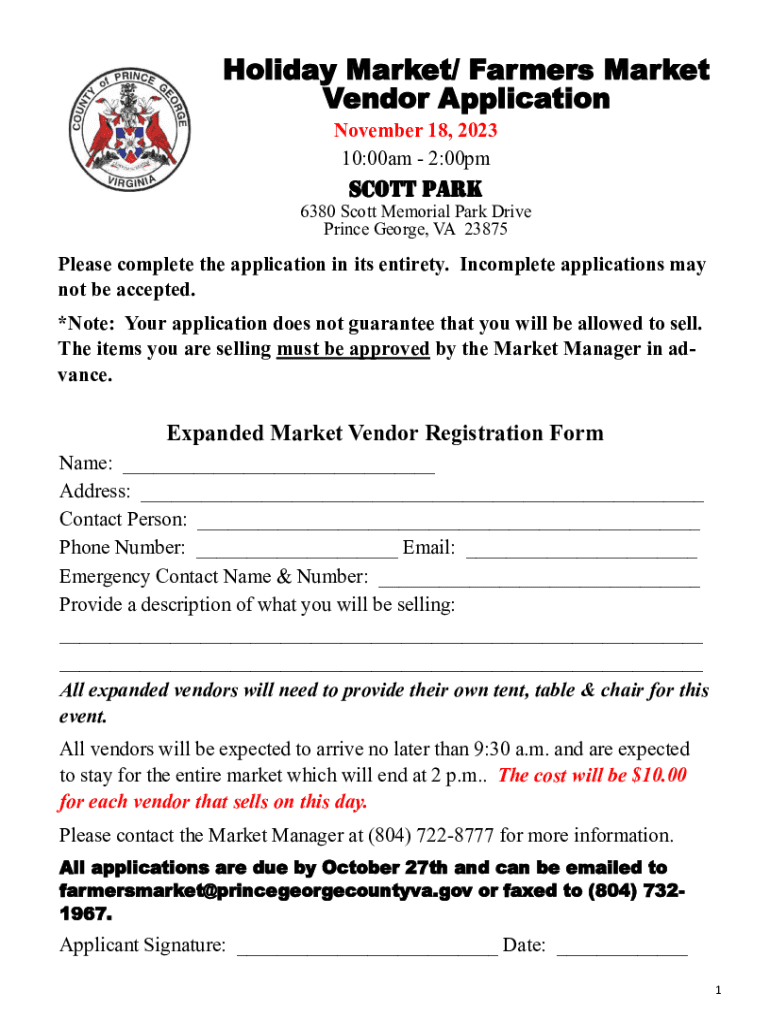 Fillable Online Holiday Market/ Farmers Market Vendor Application Fax Email Print - pdfFiller