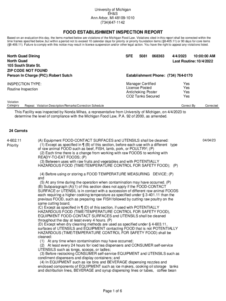 Fillable Online ehs umich FOOD ESTABLISHMENT INSPECTION REPORT - Environment ... Fax Email Print ...