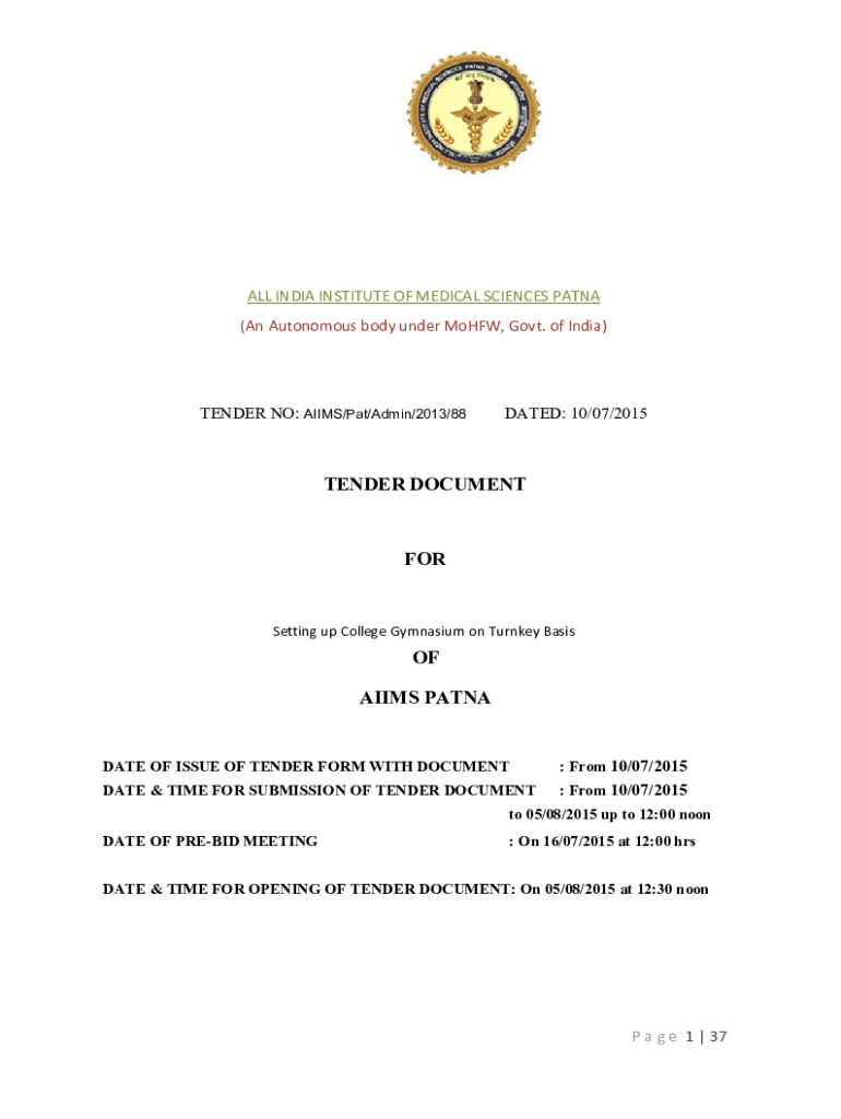 Fillable Online TENDER DOCUMENT FOR OF AIIMS PATNA Fax Email Print ...
