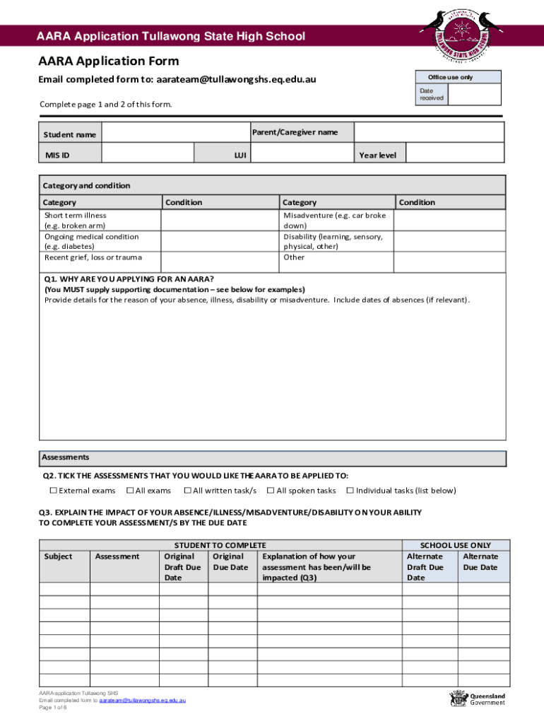 Fillable Online tullawongshs eq edu AARA Senior Application Form ...