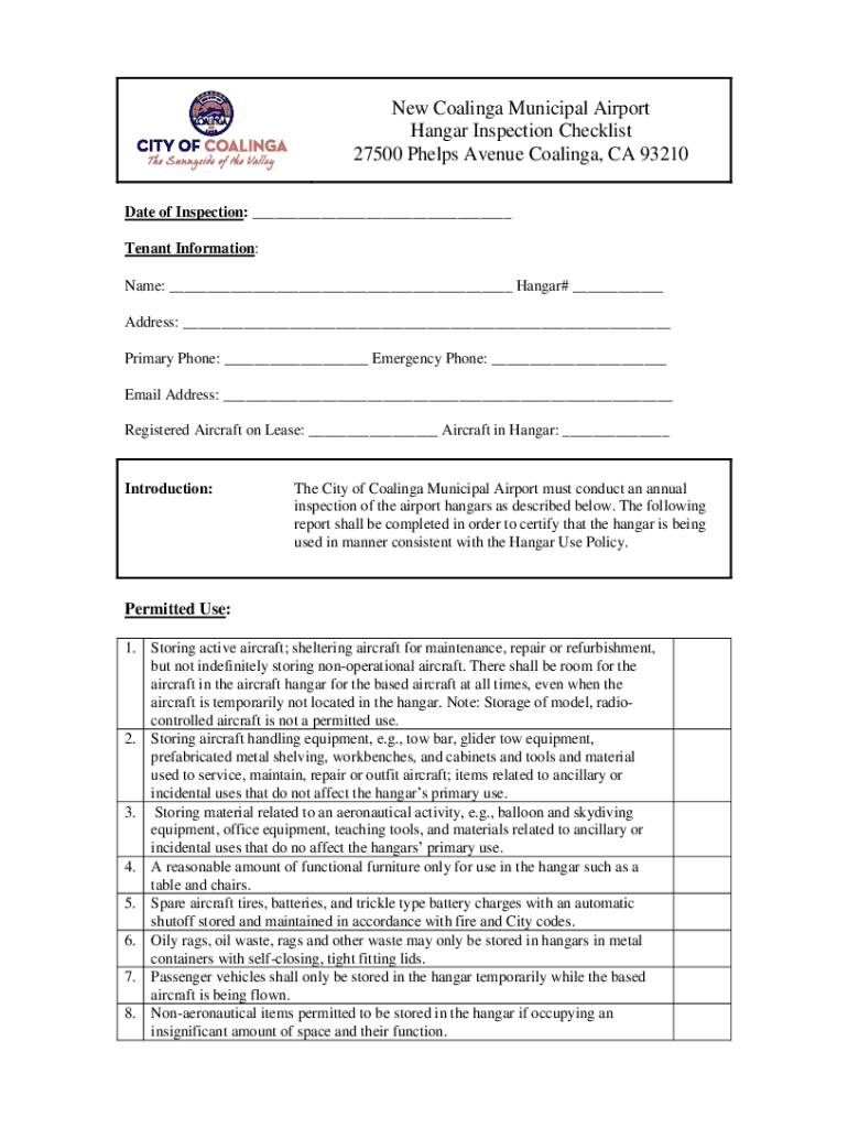 Fillable Online AIRPORT DEPARTMENT Hangar Inspection Checklist Fax ...
