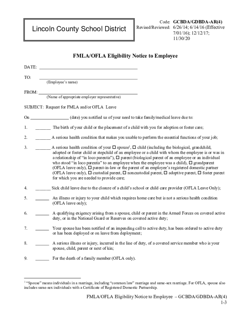 Fillable Online Policy - FMLA/OFLA Eligibility Notice to Employee Fax Email Print - pdfFiller