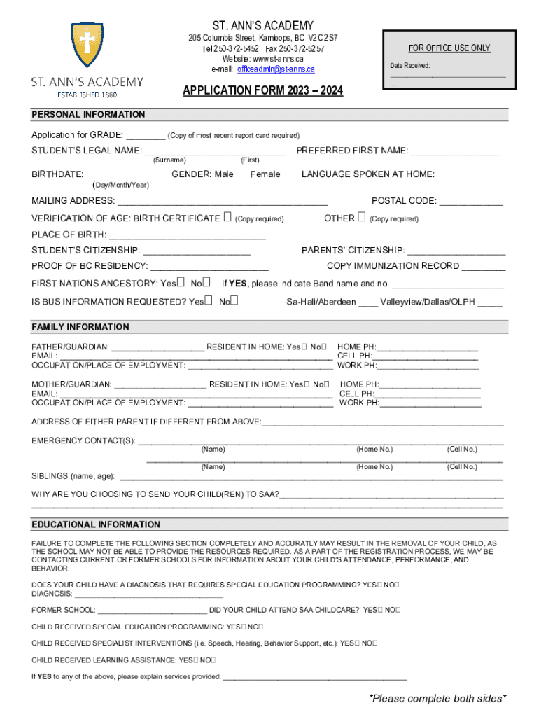 Fillable Online ST. ANN'S ACADEMY APPLICATION FORM 20232024 Fax Email ...