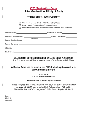 Fillable Online After Graduation All Night Party ***RESERVATION FORM ...