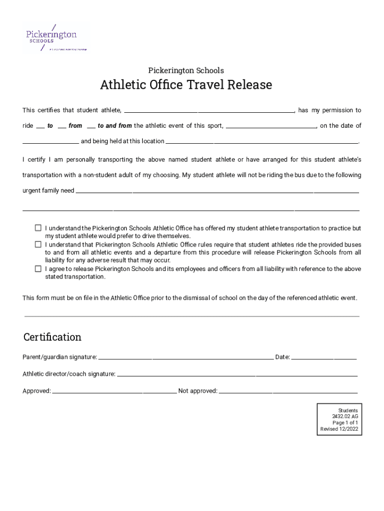 Fillable Online Athletics Travel Release Form Fax Email Print - pdfFiller