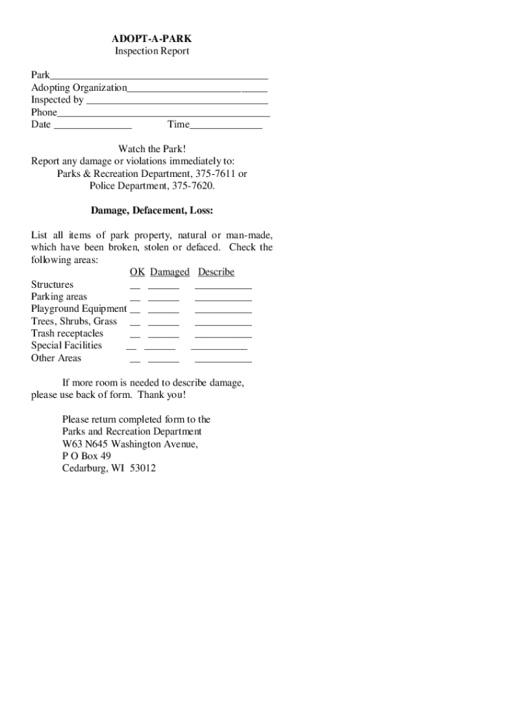 Fillable Online ADOPT-A-PARK Inspection Report Fax Email Print - pdfFiller