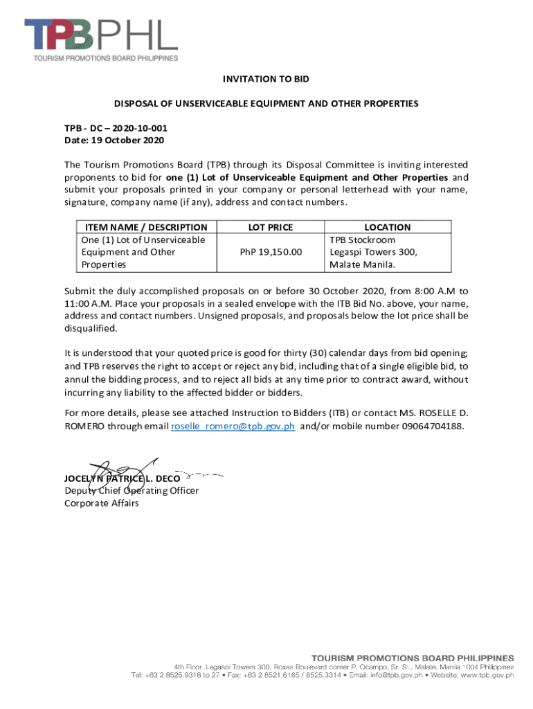 Fillable Online INVITATION TO BID DISPOSAL OF UNSERVICEABLE ... Fax Email Print - pdfFiller