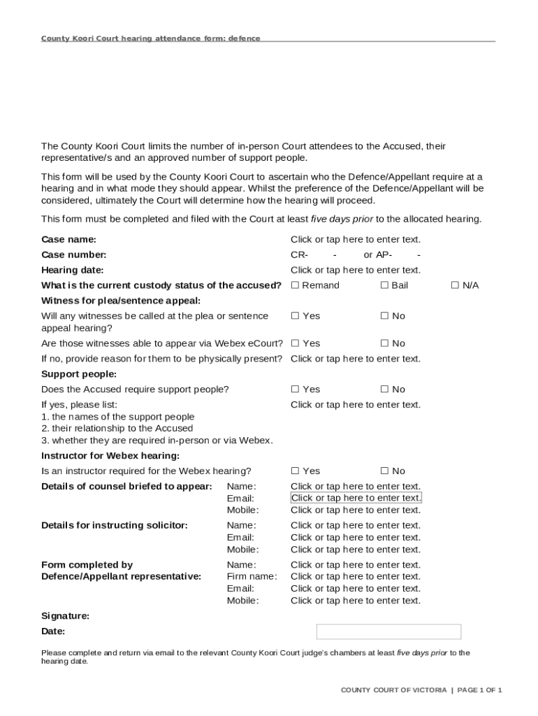 County Koori Court Hearing attendance Defence Doc Template | pdfFiller