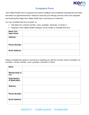 Fillable Online RESPECT COMPASSION TEAMWORK Complaint Form Fax Email ...