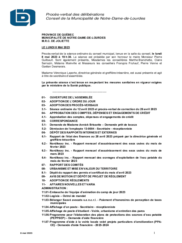 Remplissable En Ligne Procs-verbal des dlibrations Conseil de la Municipalit ... Fax Email ...