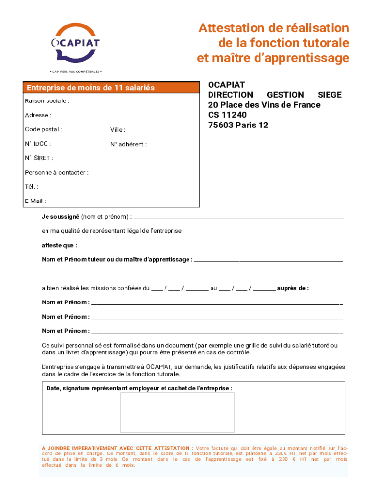 Remplissable En Ligne Attestation de ralisation de la fonction tutorale ...