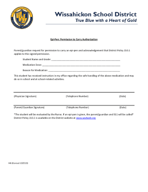 Fillable Online Epi-Pen: Permission to Carry Authorization Parent ...