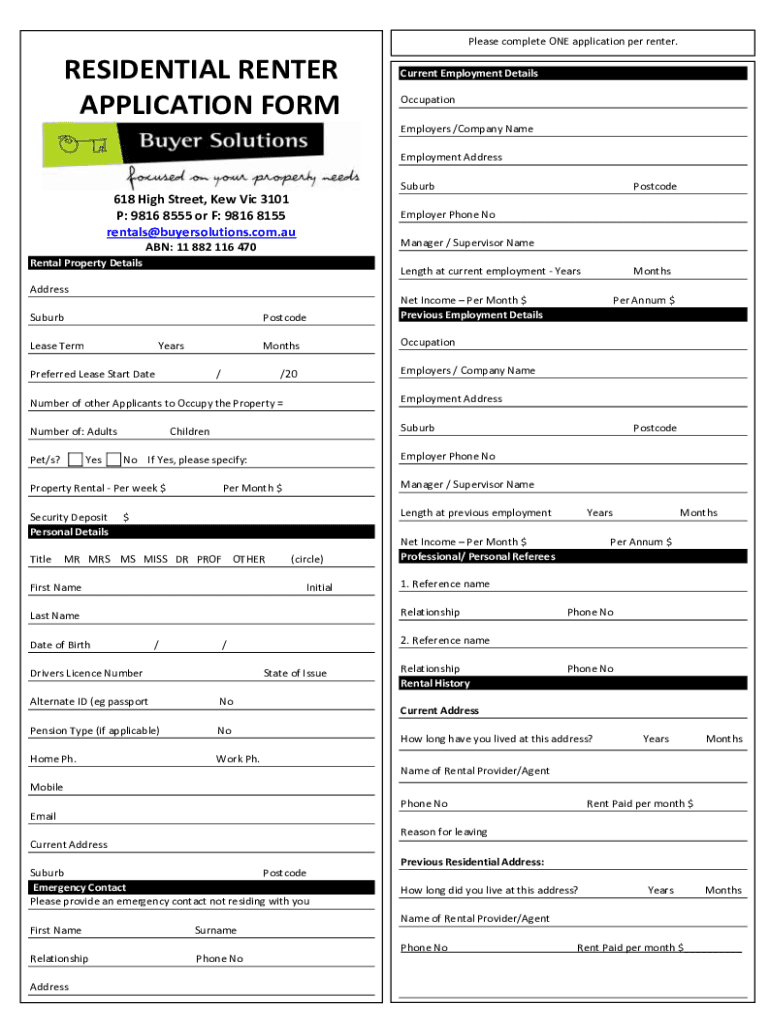 Fillable Online RESIDENTIAL RENTER APPLICATION FORM Fax Email Print ...