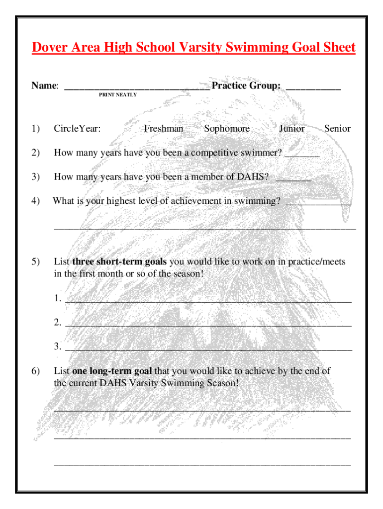 Fillable Online Goal Sheet for the 1995 - 1996 Swim Season Fax Email ...
