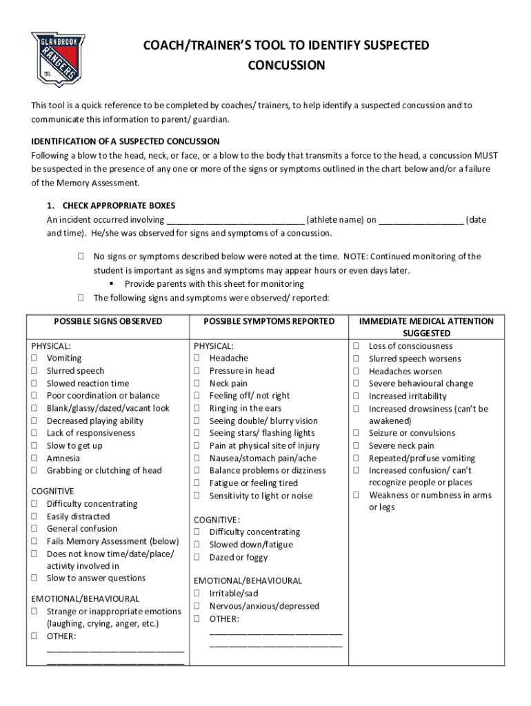 Fillable Online COACH/TRAINER'S TOOL TO IDENTIFY SUSPECTED ... Fax ...