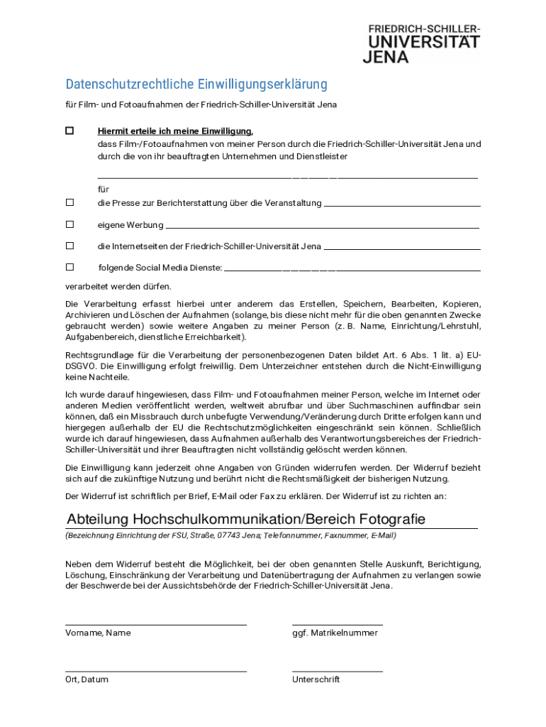 Ausfüllbar Online Einwilligungserklrung fr Foto-, Film- oder Tonaufnahmen Fax Email Drucken ...