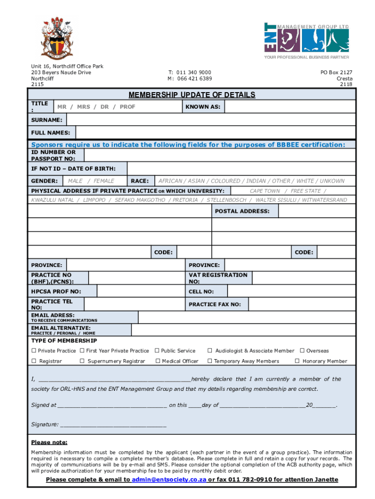 Fillable Online 2023 SA Society of ORL-HNS Application Form and Debit ...