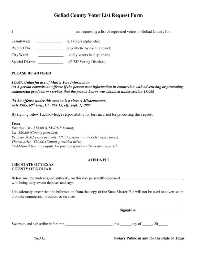 Fillable Online Goliad County Voter List Request Form Fax Email Print ...