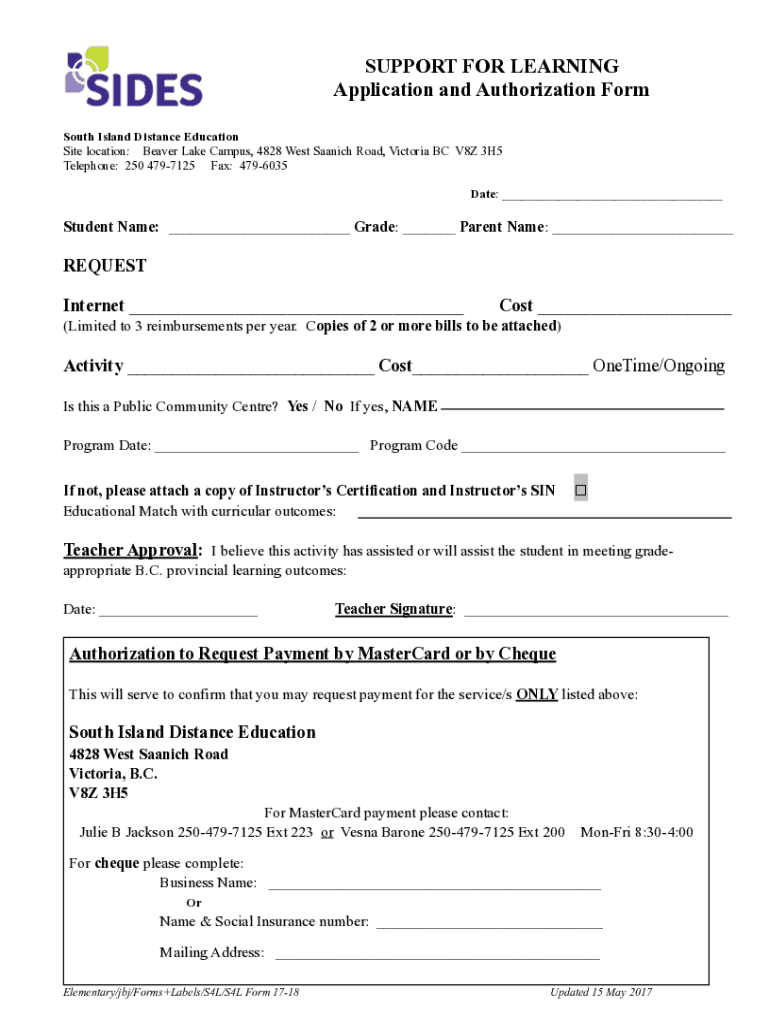 Fillable Online SUPPORT FOR LEARNING Application and Authorization Form ...