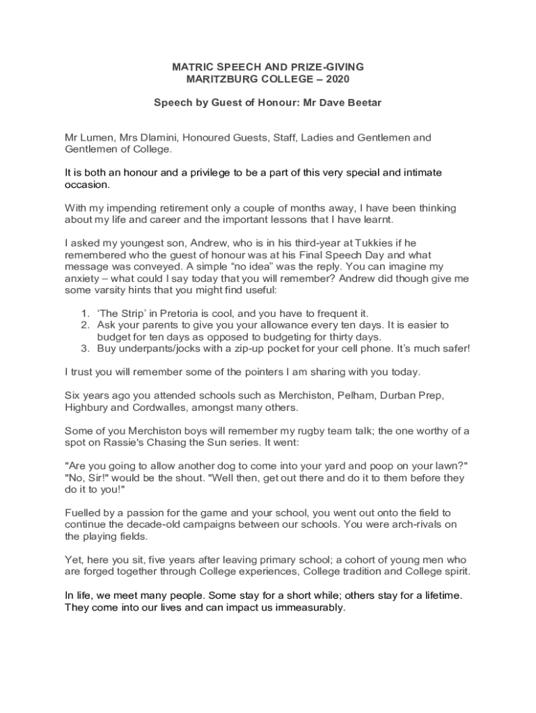 Fillable Online Speech and Prize Giving Day speech Fax Email Print ...