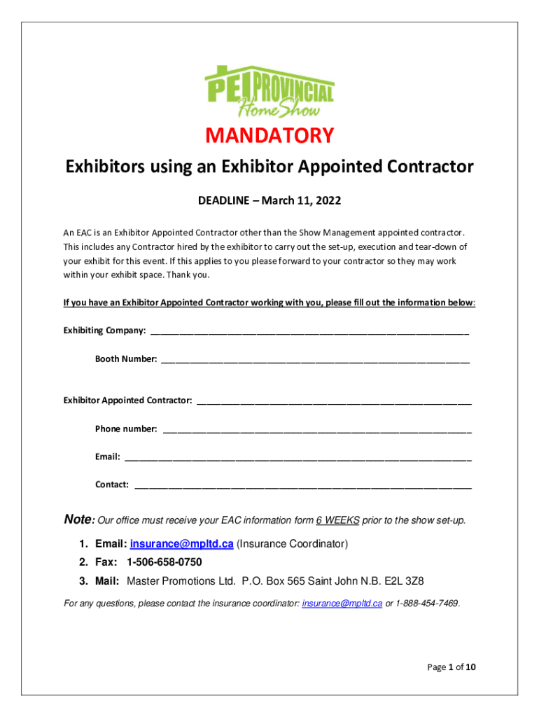 Fillable Online Exhibitor-Appointed Contractor (EAC) / Stand Builder ...