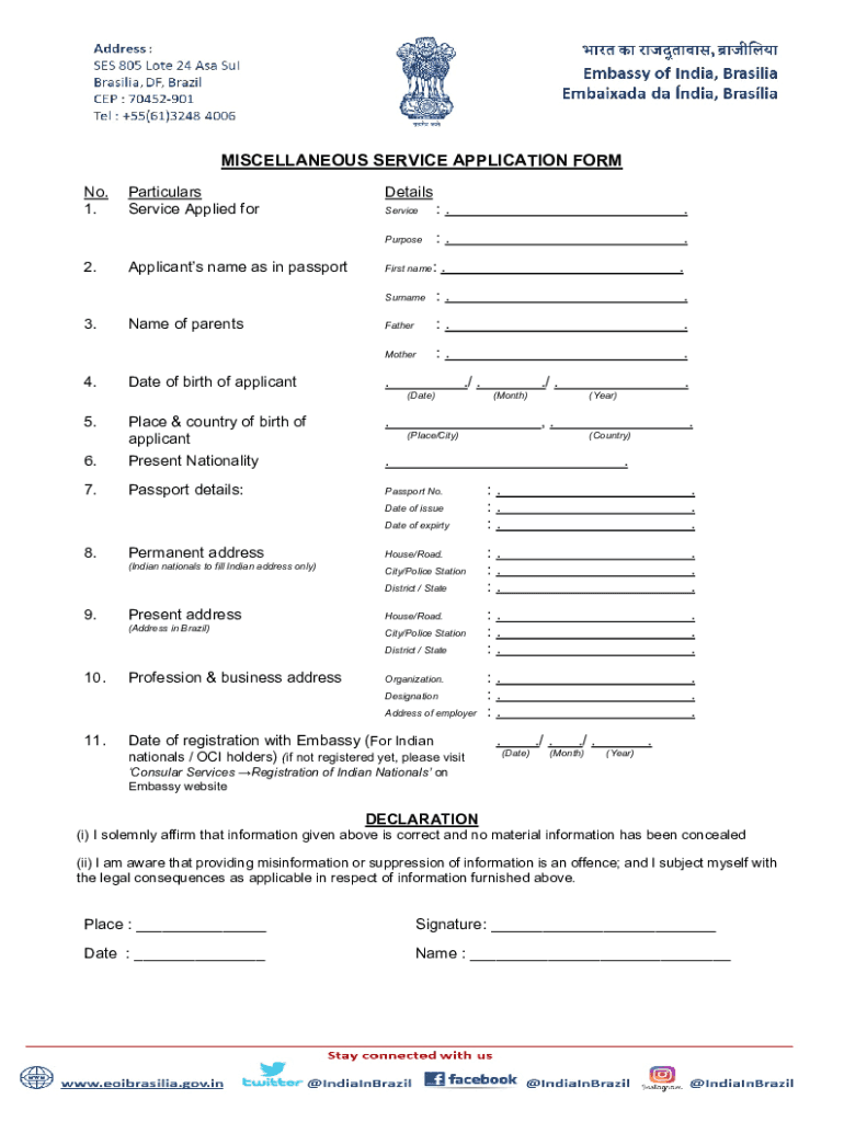 Fillable Online MISCELLANEOUS SERVICE APPLICATION FORM Fax Email Print ...