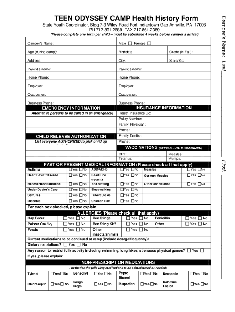 Fillable Online TEEN ODYSSEY CAMP Health History Form Fax Email Print ...