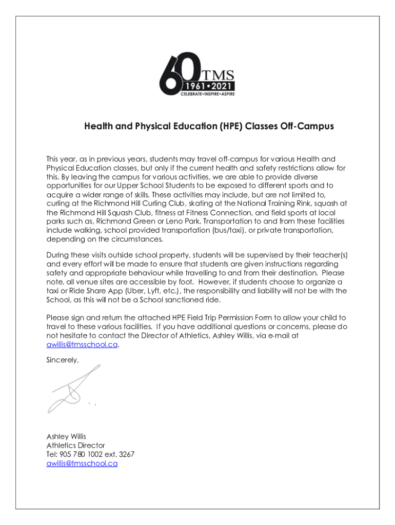 Fillable Online Health and Physical Education (HPE) Classes Off-Campus ...