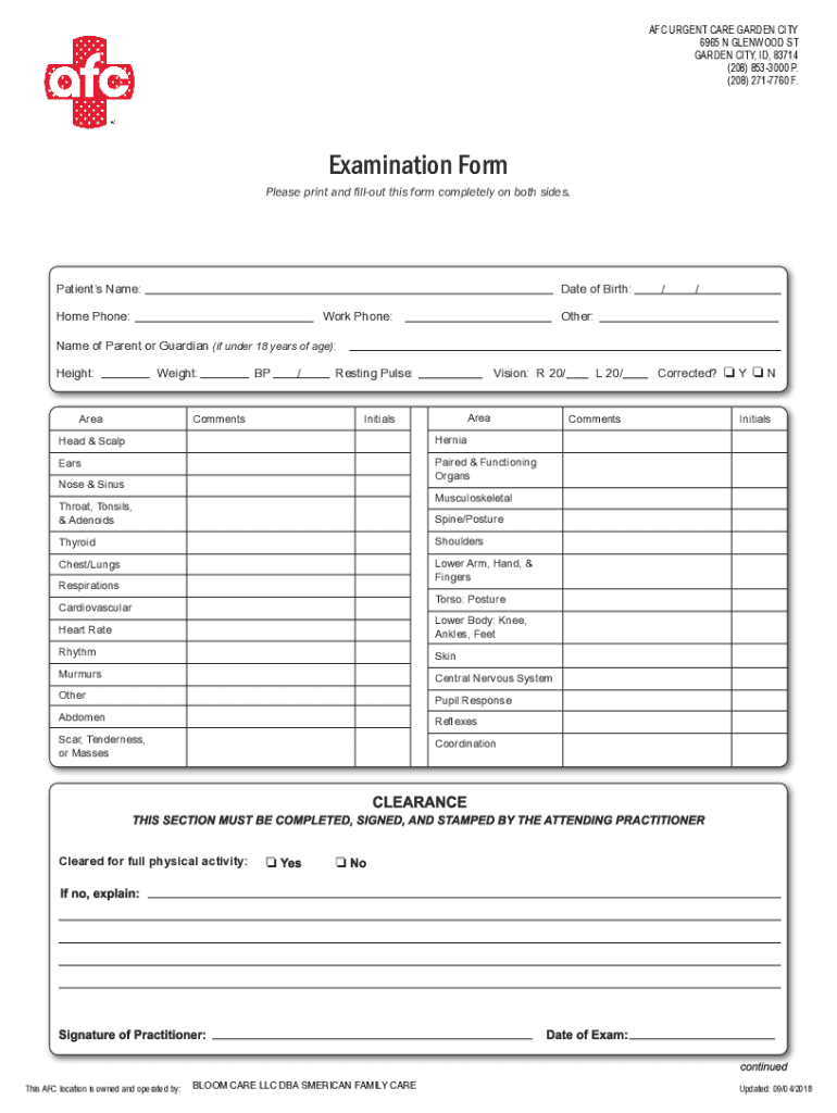 Fillable Online Urgent Care Patient Services Garden City, Boise & Eagle ...