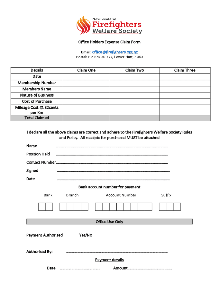 Fillable Online firefighters org Office Holders Expense Claim Form Fax Email Print - pdfFiller